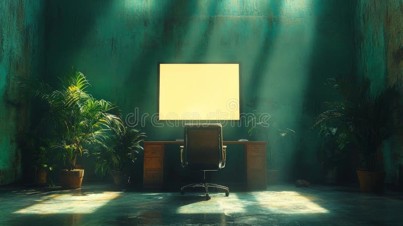 Dimly Lit Office Space with Blank Screen and Chair in a Green Room ...