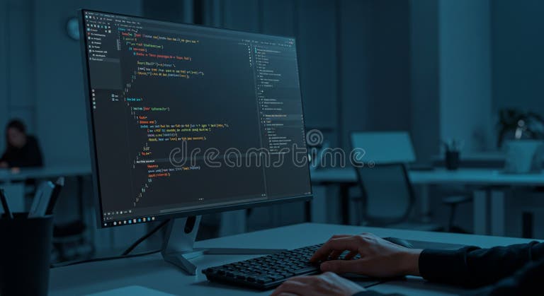 A Dimly Lit Office Space Features a Large Computer Monitor Displaying Lines of Colorful Stock ...