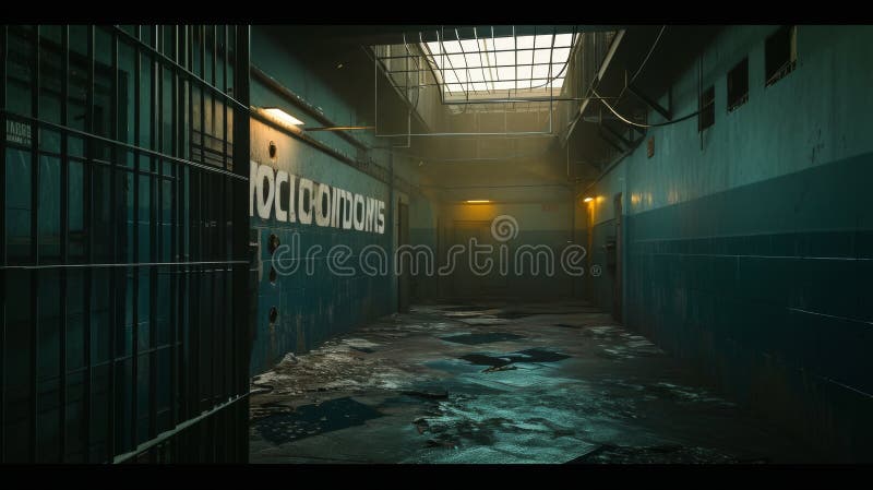 Dimly Lit Prison Corridor with Cell Doors Stock Photo - Image of ...