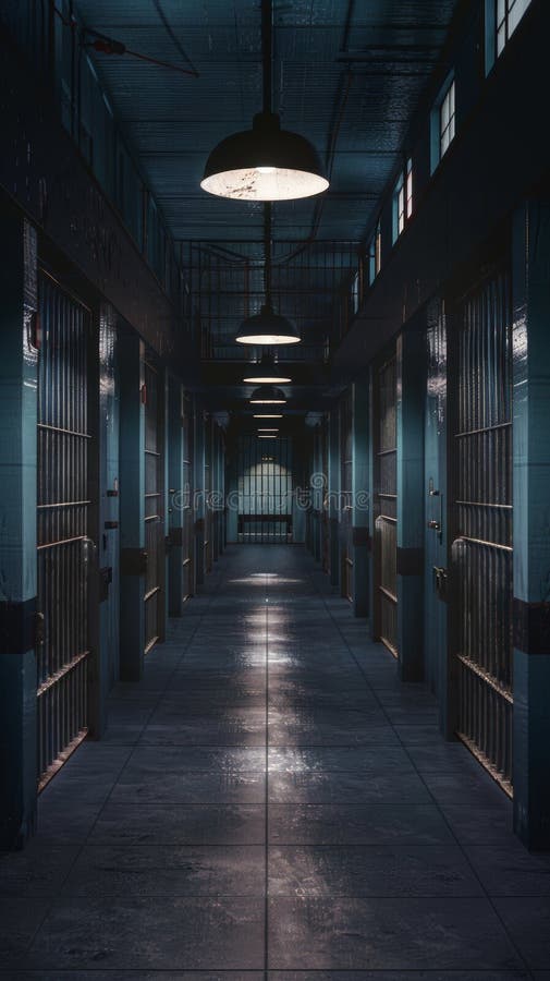 Dimly Lit Prison Corridor with Iron Bars and Overhead Lamps, Haunting ...