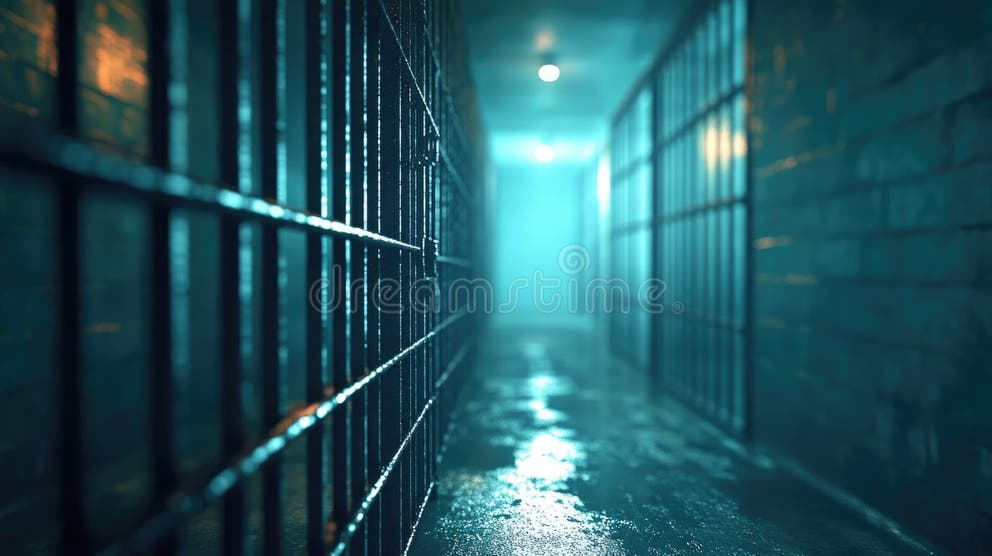 Dimly Lit Prison Corridor with Iron Bars and Wet Floor Stock Photo ...