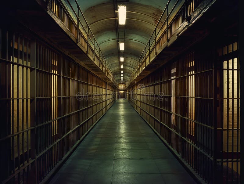 Dimly Lit Prison Corridor stock image. Image of lights - 325895771