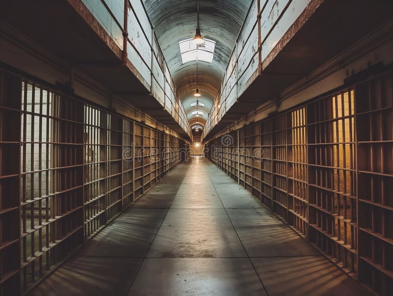 Dimly Lit Prison Corridor with Metal Bars Stock Photo - Image of ...