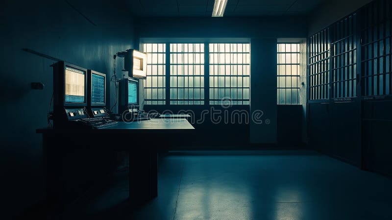 Shadowy Prison Control Center with Surveillance Screens Showing Vacant ...
