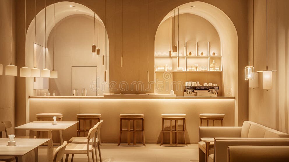 Dimly Lit Restaurant Featuring Arched Windows in Its Interior Stock ...