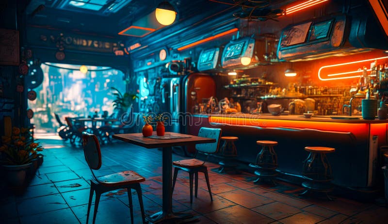 Dimly Lit Restaurant with Table and Chairs. Generative AI Stock ...