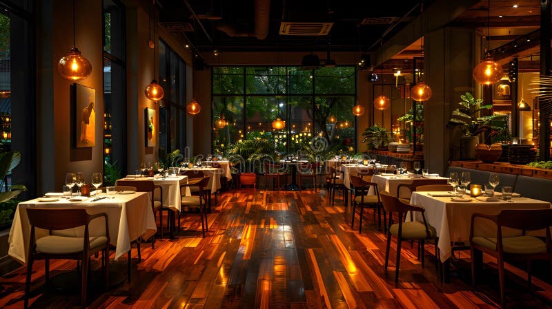 Dimly Lit Restaurant with Tables and Chairs. Generative AI Stock ...