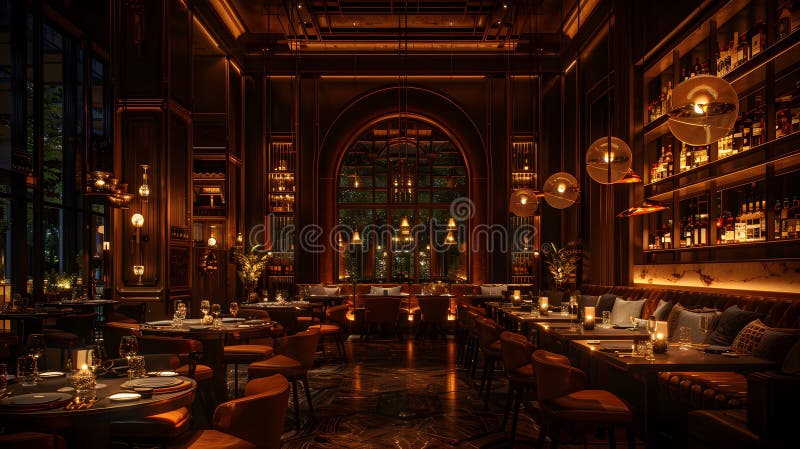 Dimly Lit Restaurant with Tables and Chairs. Generative AI Stock ...