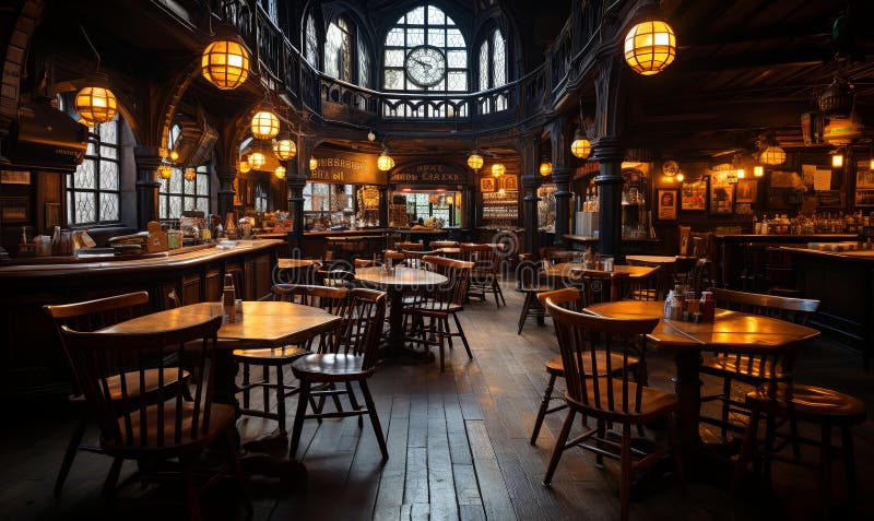 Dimly Lit Restaurant with Wooden Tables and Chairs Stock Photo - Image ...