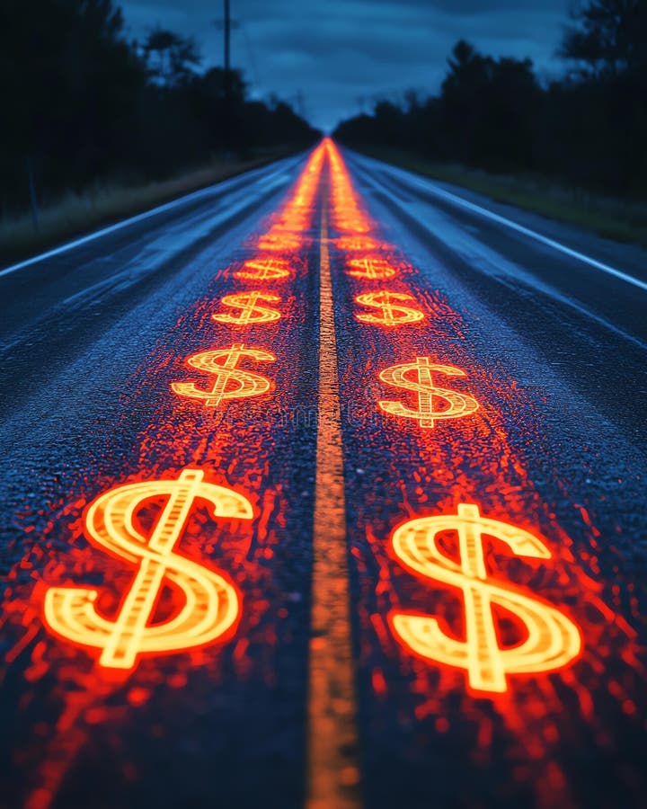 A Dimly Lit Road Lined with Glowing Dollar Signs, Symbolizing Wealth ...