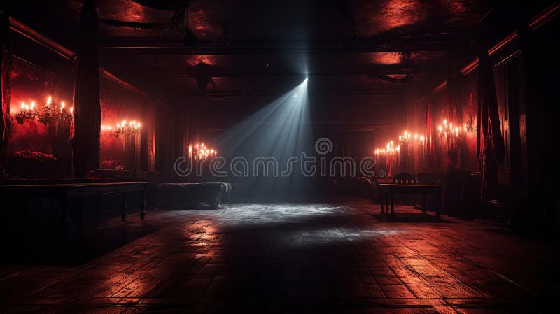 A Dimly Lit Room with Bookshelves and a Light at the End of the Room ...