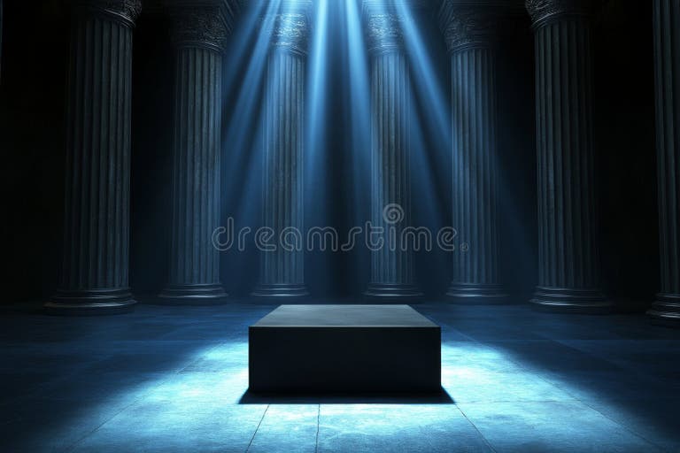 A Dimly Lit Room with Blue Lighting, Featuring a Cube and Pillars on a ...