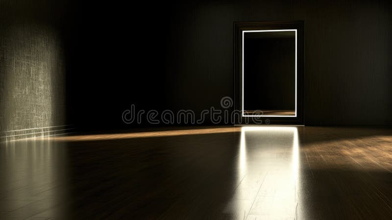 Dimly Lit Room with a Brightly Illuminated Mirror Reflection on Wooden ...
