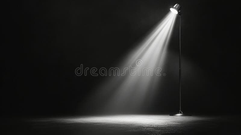 Dimly Lit Room Features Black Reflective Floor and Spotlight Casting ...