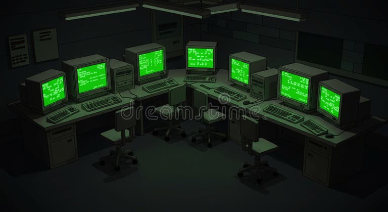 Dimly Lit Room Featuring a Retro Computer Setup, with Eight CRT ...