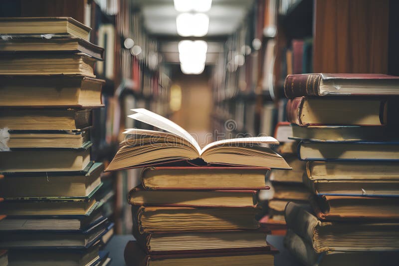 Dimly Lit Room with a Glowing Open Book among Stacks, Creating a ...