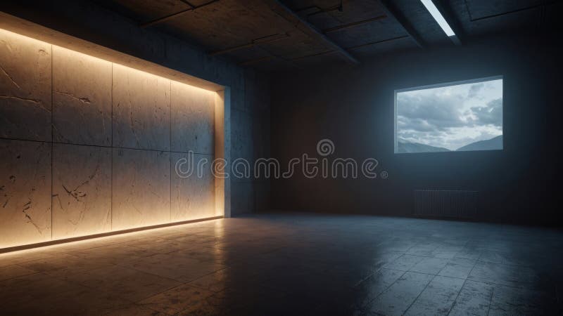 Dimly Lit Room with Glowing Wall and Window View, Offering a Blend of ...