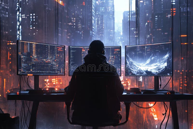 In a Dimly Lit Room, a Hacker Operates Multiple Monitors To Commit ...