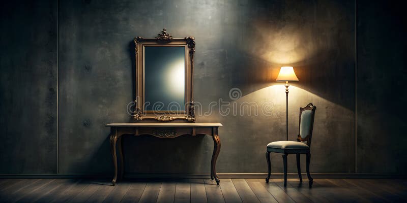 Dimly Lit Room with Lone Table, upon Which Large Mirror Reflects the ...
