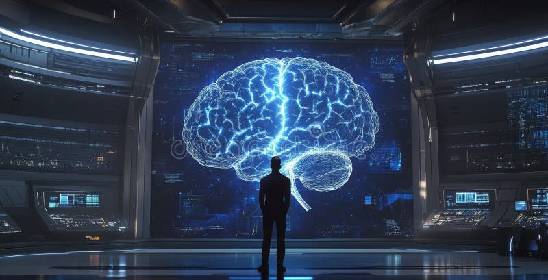 In a Dimly Lit Room, a Man Views an AI Control Panel. the Futuristic ...