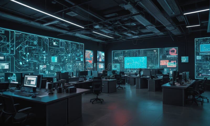 Dimly Lit Room with Multiple Desks, Computer Monitors, and Large ...