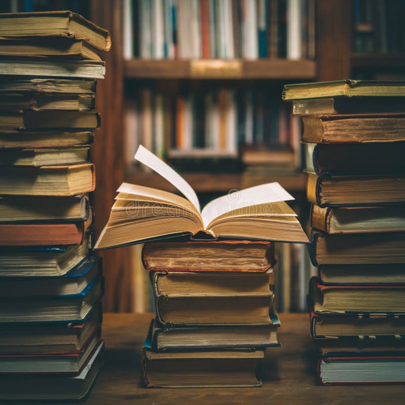 Dimly Lit Room with a Glowing Open Book among Stacks, Creating a ...