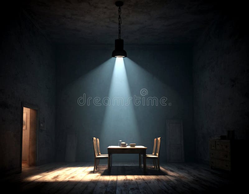 A Dimly Lit Room with a Table and Chairs Illuminated by a Single Light ...