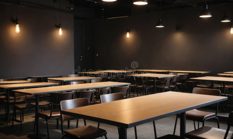 A Dimly Lit Room with Tables and Chairs Set Up for a Meeting or Event ...