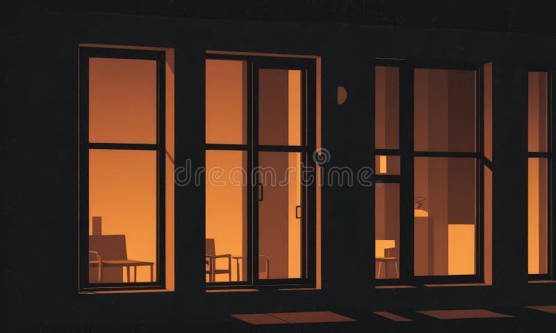 Dimly Lit Room with Three Windows, Each Featuring Black Frame and View ...