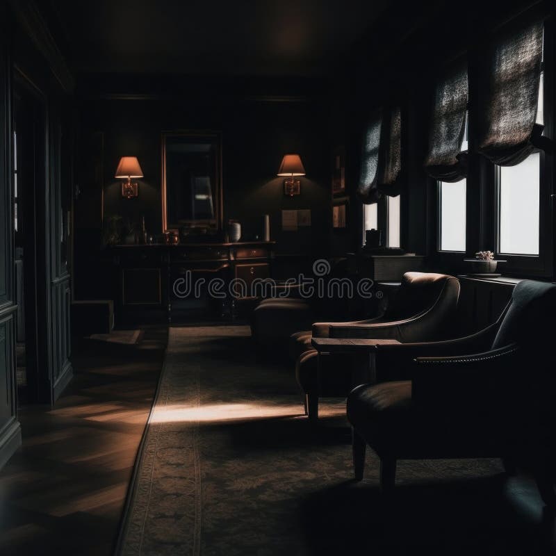 A Dimly Lit Room with Two Chairs and a Desk. Generative AI Image. Stock ...