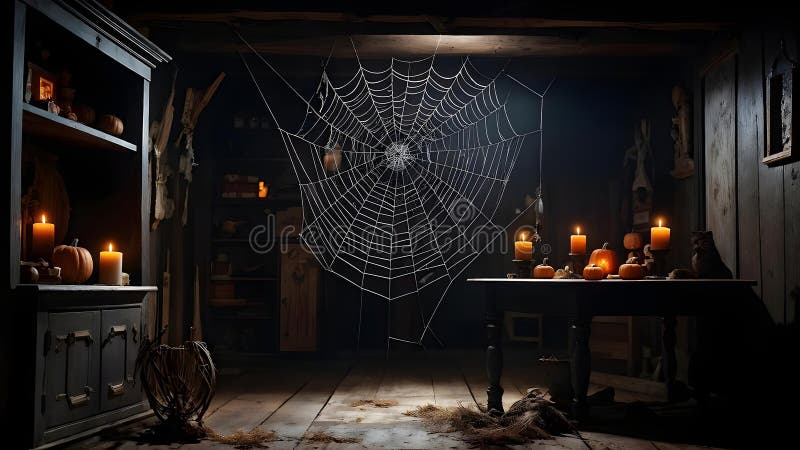 Dimly Lit Rustic Cabin with Spider Web and Candles, Perfect Halloween ...