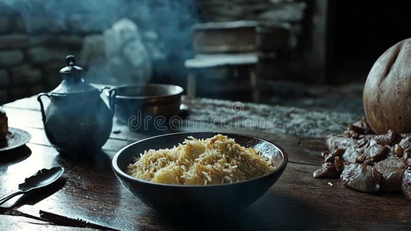 Rustic Meal Composition with Rice, Bread, and Meat Presented on a ...