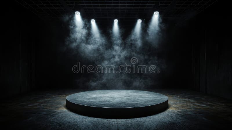Dimly Lit Scene with an Empty Round Stage Under Intense Spotlights ...