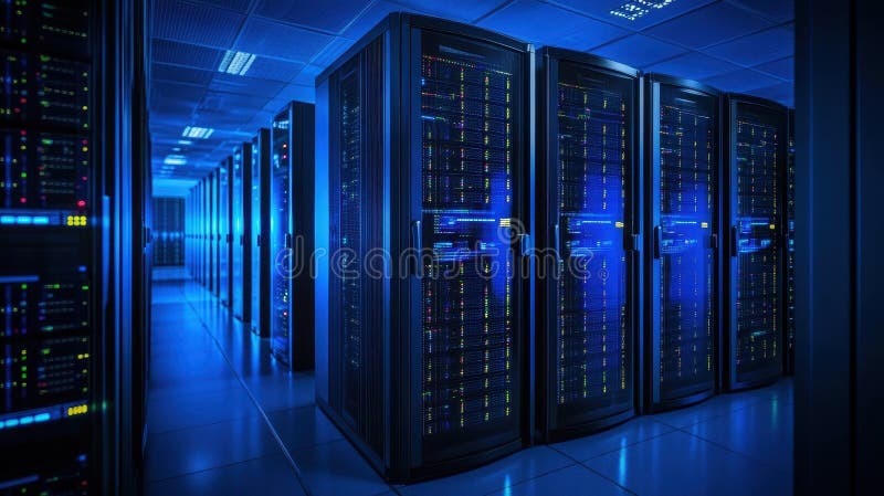 A Dimly Lit Server Room Filled with High-tech Data Servers Stock ...