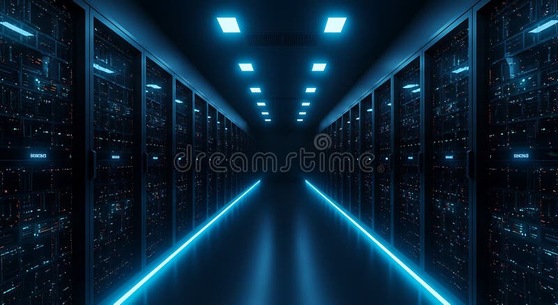Dimly Lit Server Room with Long Rows of Black Server Racks on Either ...