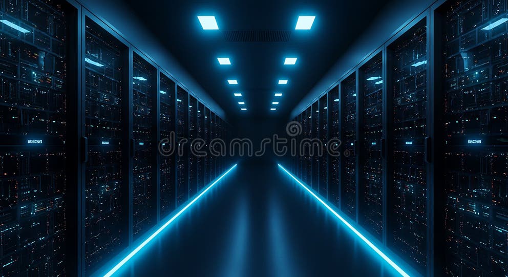 Dimly Lit Server Room with Long Rows of Black Server Racks on Either ...