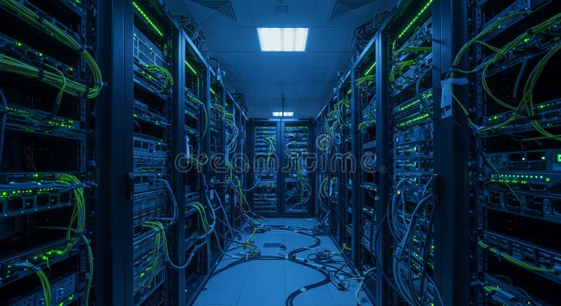 Dimly Lit Server Room with Multiple Rows of Server Racks. Green LED Lights are Visible Stock ...