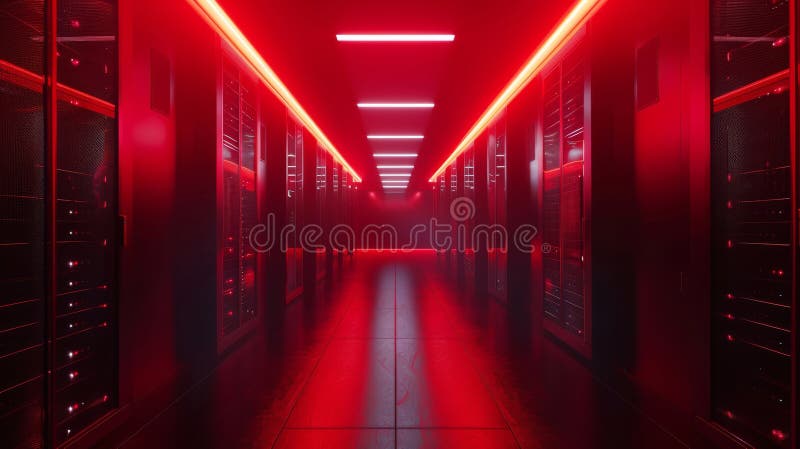 Dimly Lit Server Room with Red Lights, Futuristic Technology Concept ...
