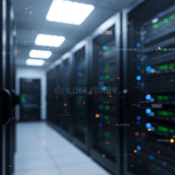 Dimly Lit Server Room with Rows of Black Server Racks. Each Rack is ...