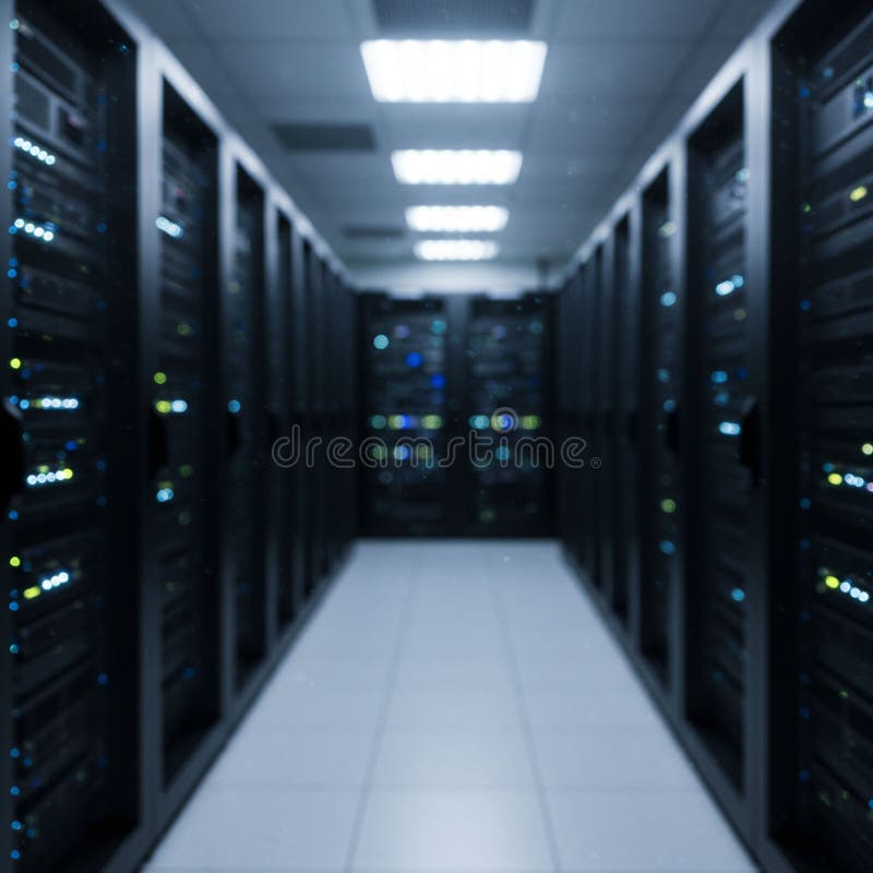 Dimly Lit Server Room with Rows of Black Server Racks Lining Both Sides ...