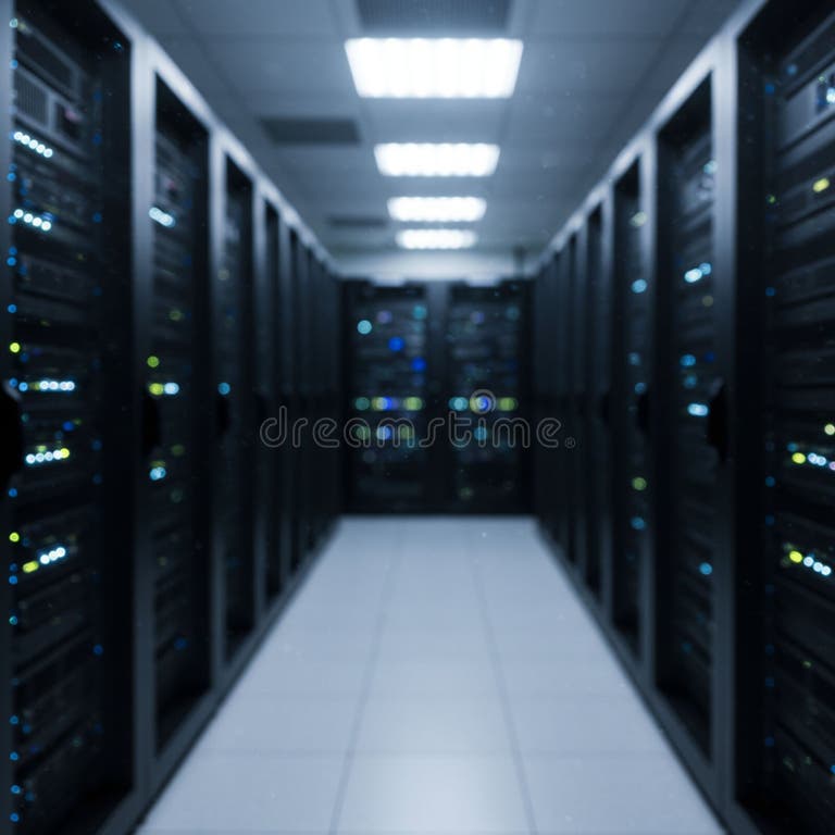 Dimly Lit Server Room with Rows of Black Server Racks Lining Both Sides ...