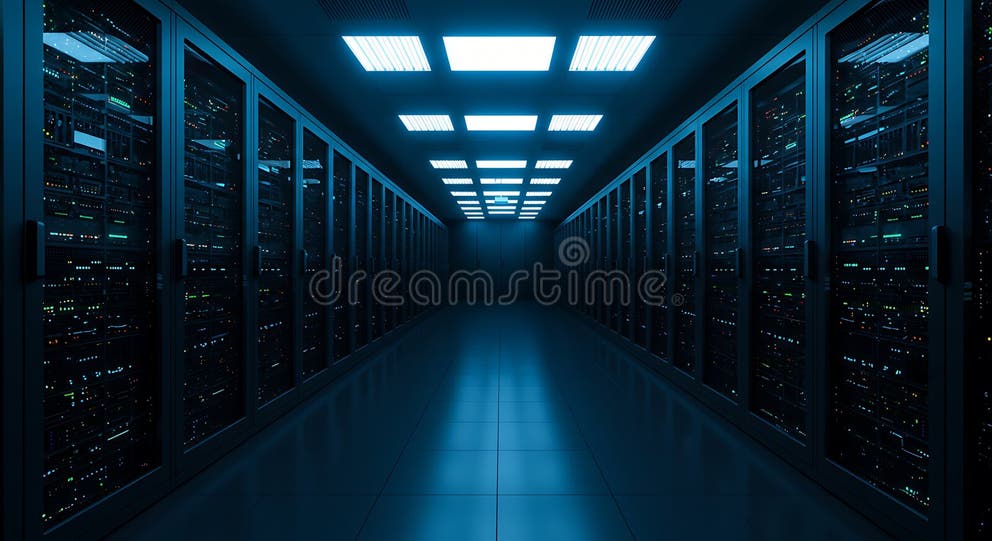Dimly Lit Server Room with Rows of Tall, Black Server Racks Lining Both ...