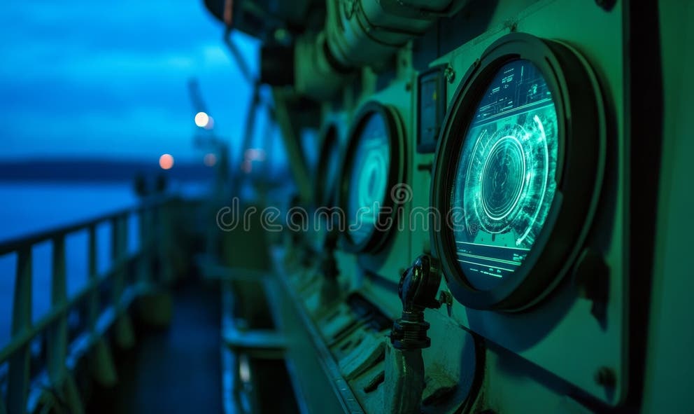 A Dimly Lit Ship S Bridge Features an Advanced Maritime Navigation ...