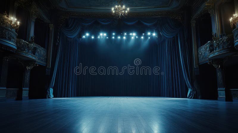 A Dimly Lit Stage with Blue Curtains and Bright Lights, Set for a ...