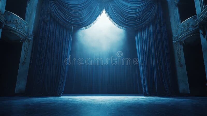 A Dimly Lit Stage with Blue Curtains, Creating an Atmosphere for a ...