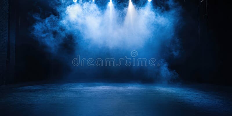 A Dimly Lit Stage with Blue Spotlight Beams and Fog, Creating a ...