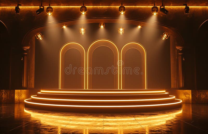 A Dimly Lit Stage with a Circular Podium and Spotlights Stock ...