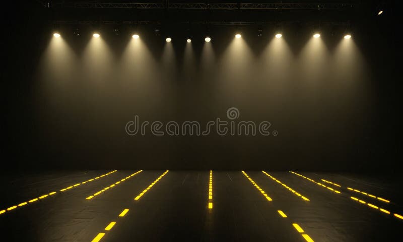 Dimly Lit Stage with Row Spotlights, Casting Warm Glow on the Floor and ...