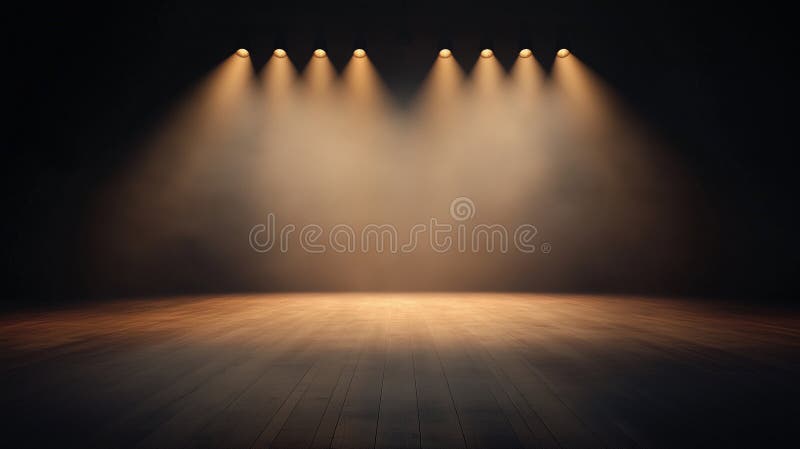 Dimly Lit Stage with Wooden Flooring and Spotlights Creating Dramatic ...