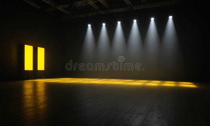 Dimly Lit Stage with Yellow Spotlight on the Left and Row Spotlights on ...